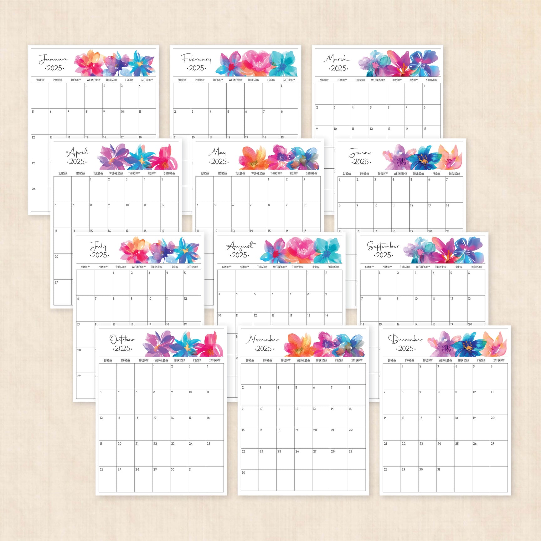 Printable 2025 Calendar · Boho Bougainvillea