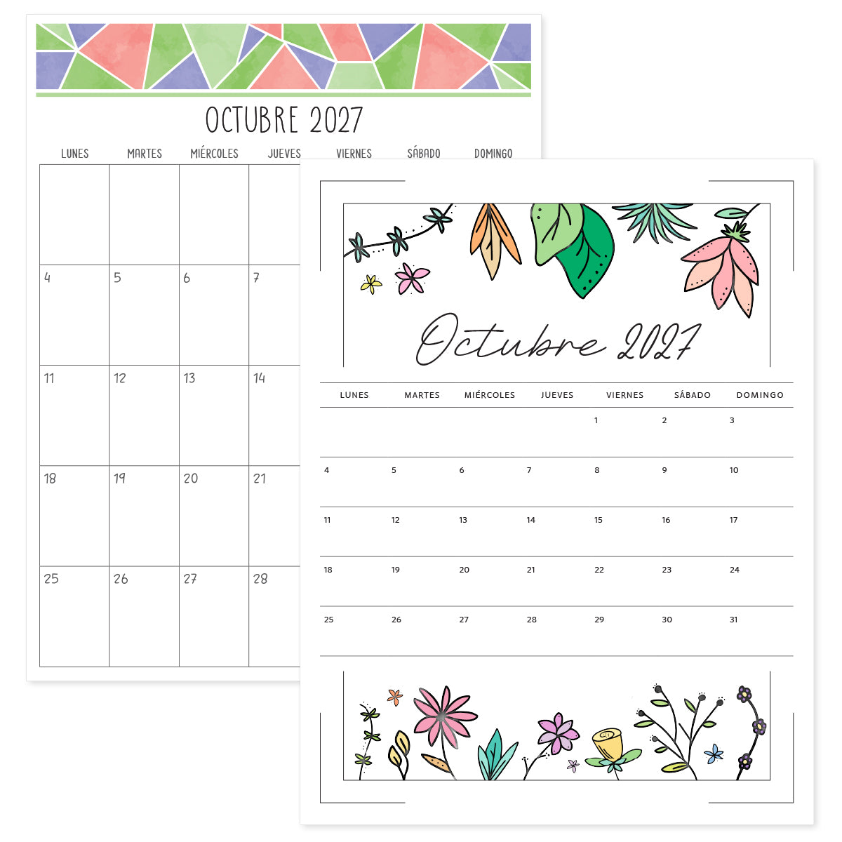 Calendario octubre 2027 · PDF para imprimir