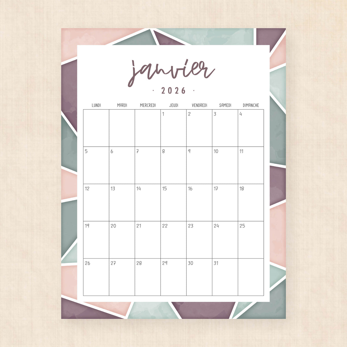 Calendrier 2026 à imprimer · Majestic Mosaic