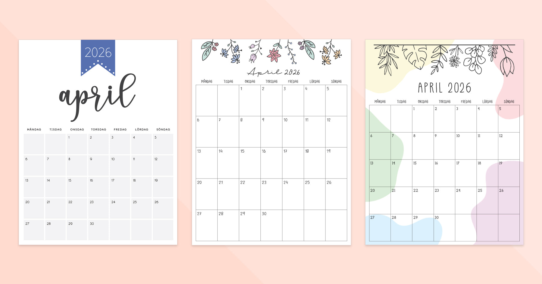 Kalender april 2026 · PDF-mallar att skriva ut