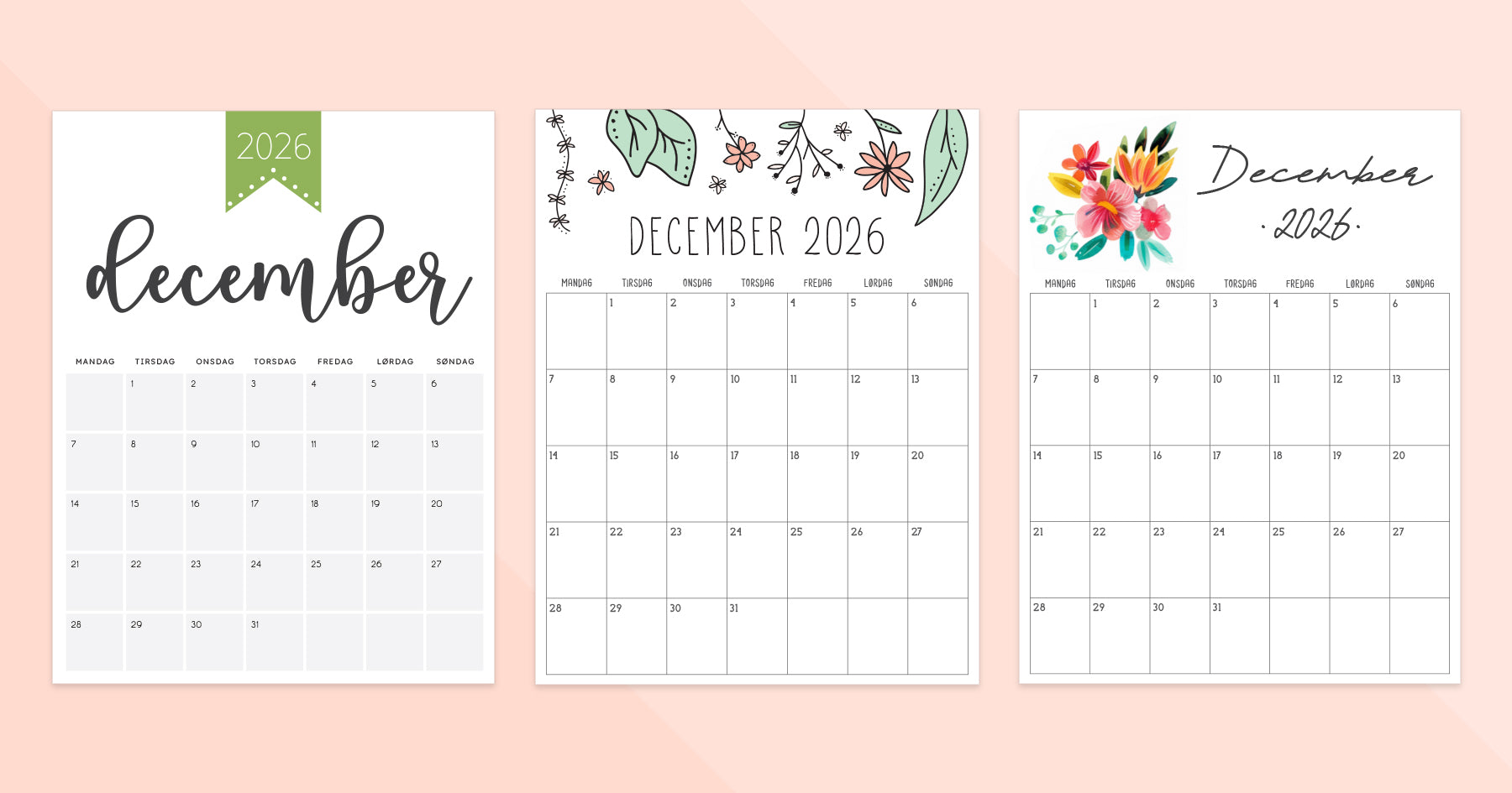 Kalender december 2026 · PDF-skabeloner til udskrivning