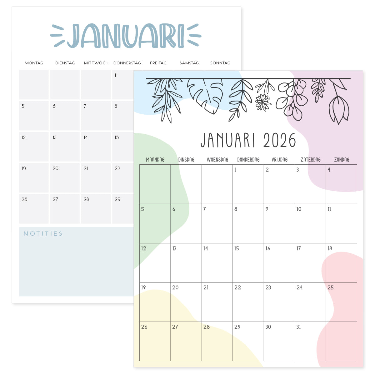 Kalender januari 2026 · PDF-sjablonen voor afdrukken