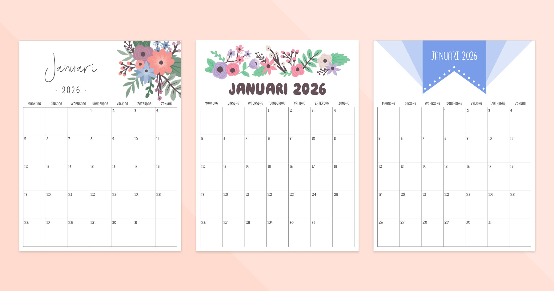 Kalender januari 2026 · PDF-sjablonen voor afdrukken