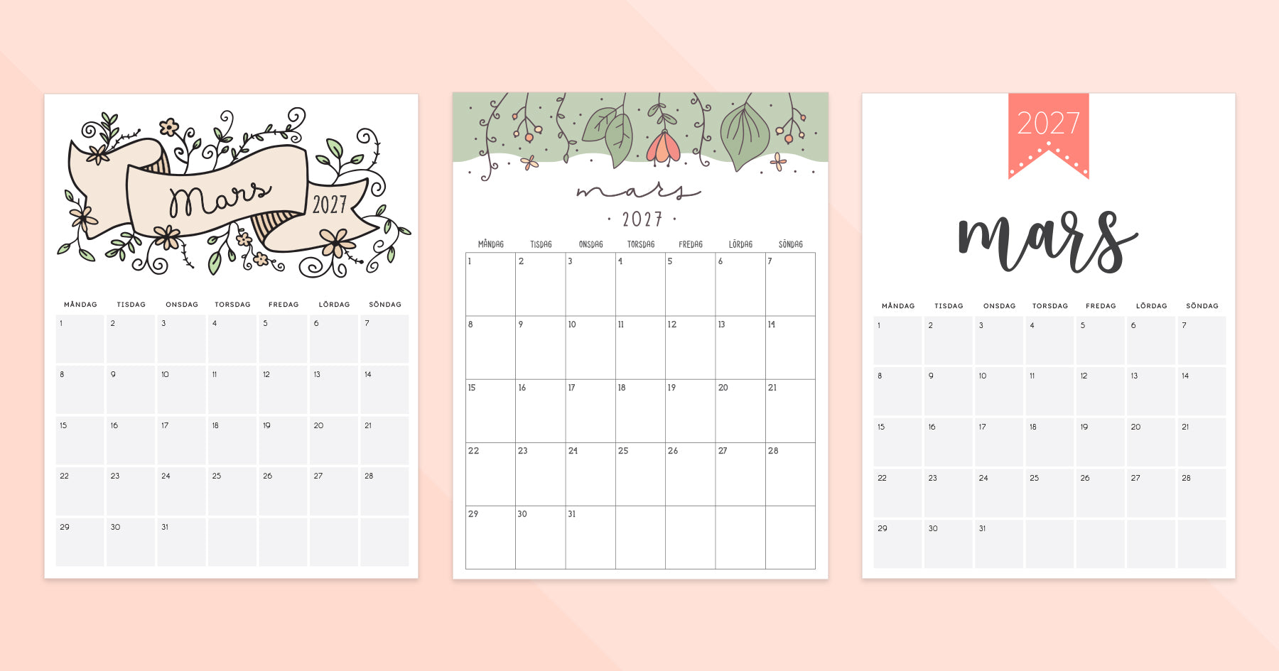 Kalender mars 2027 · PDF-mallar att skriva ut