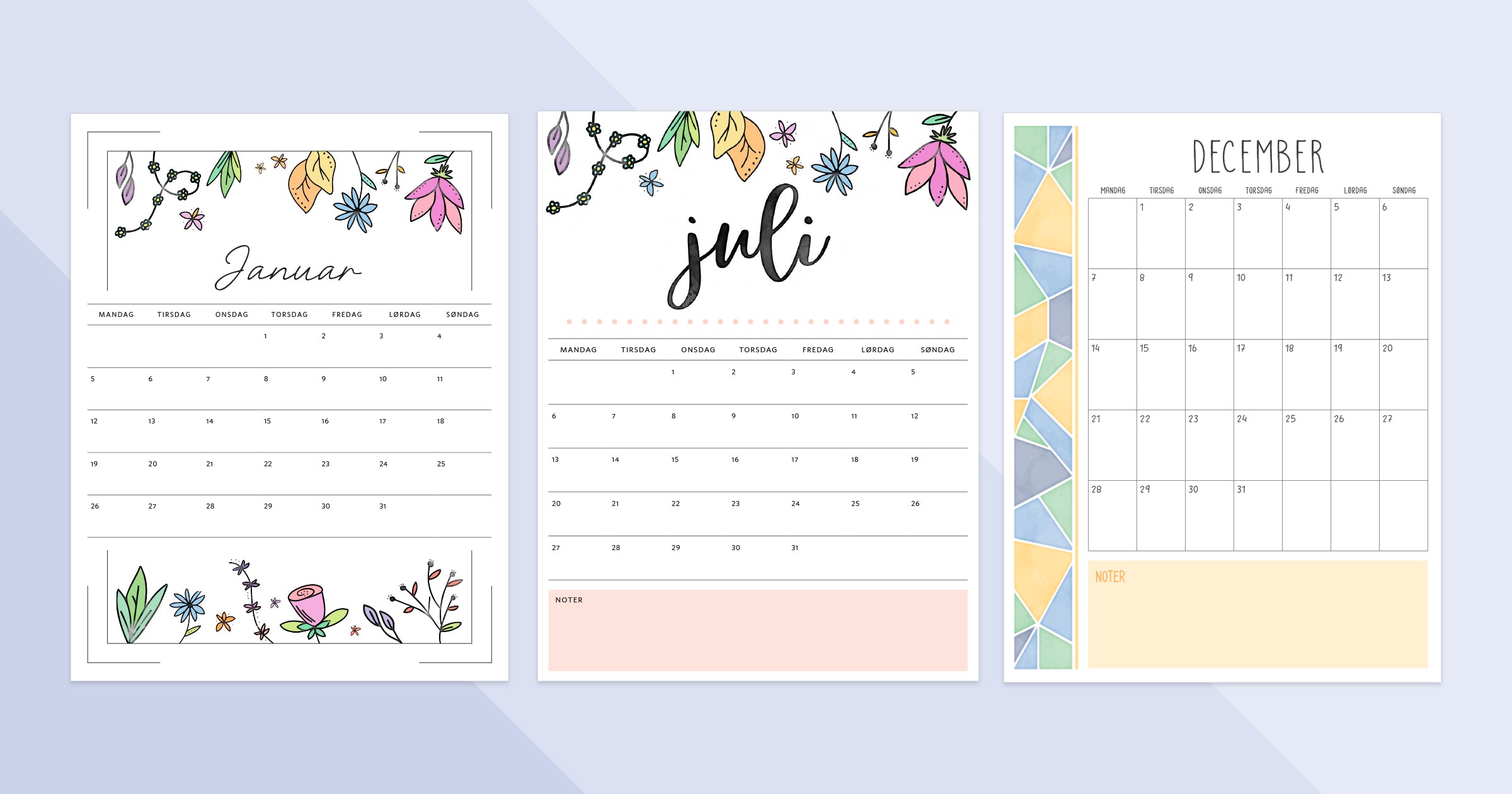 Kalender print selv · Tomme PDF-skabeloner
